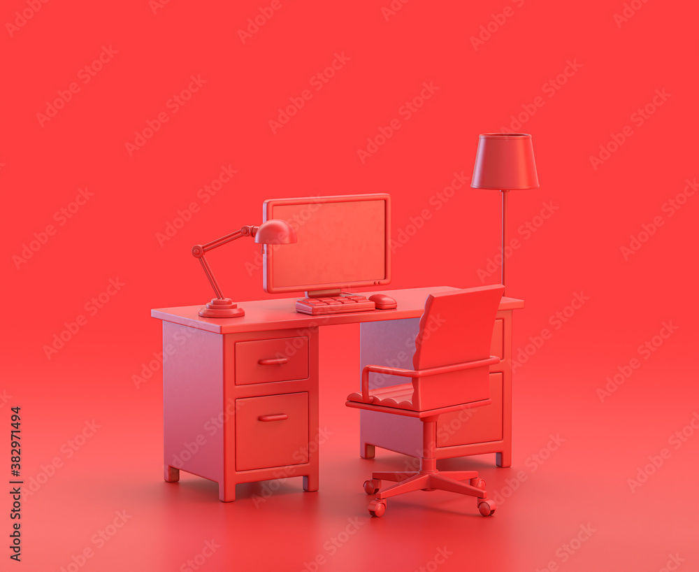 office room with desk, computer and chair in red background, monochrome ...