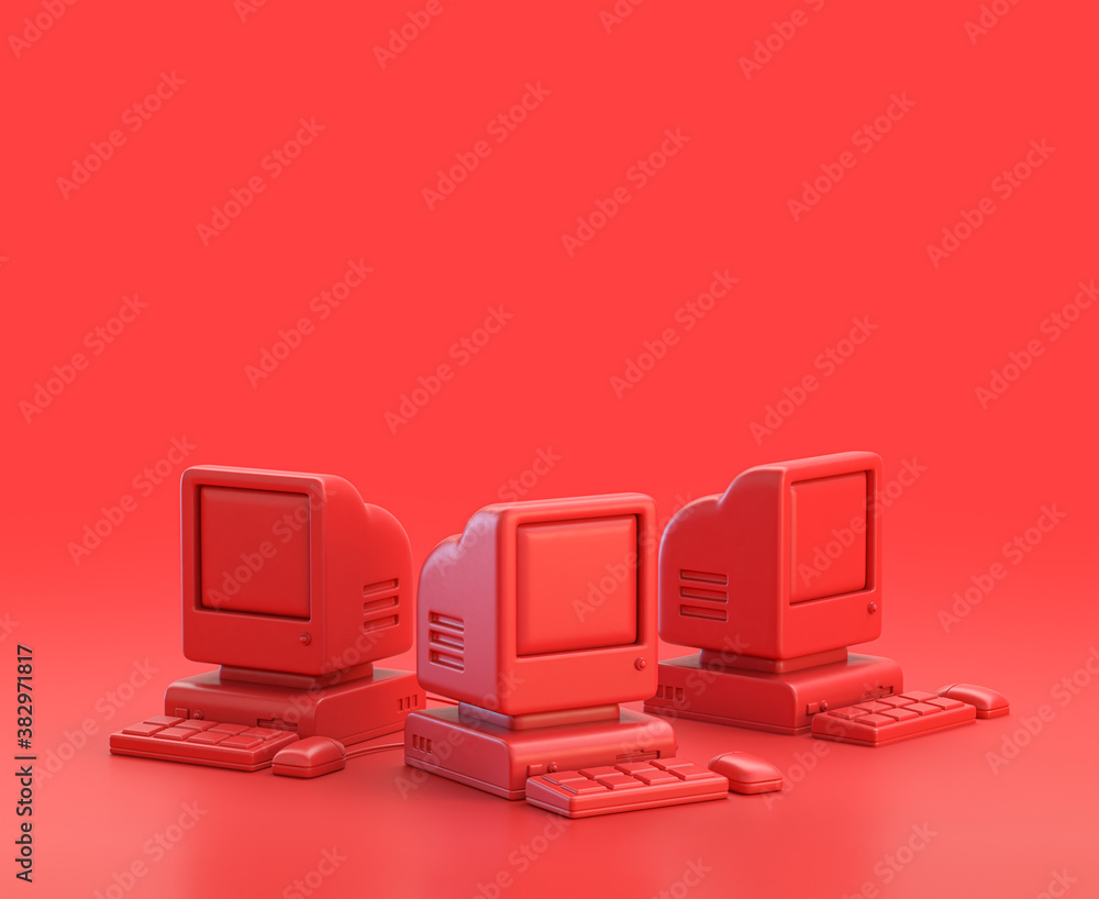 monochrome single color red 3d Icon, an old computer with keyboard and ...