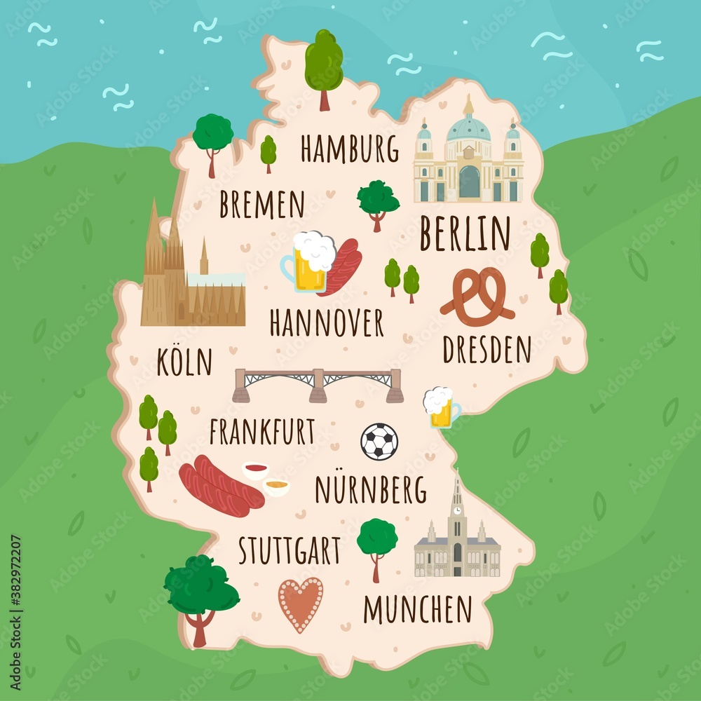 Cartoon map of Germany. Travel illustration with german landmarks ...