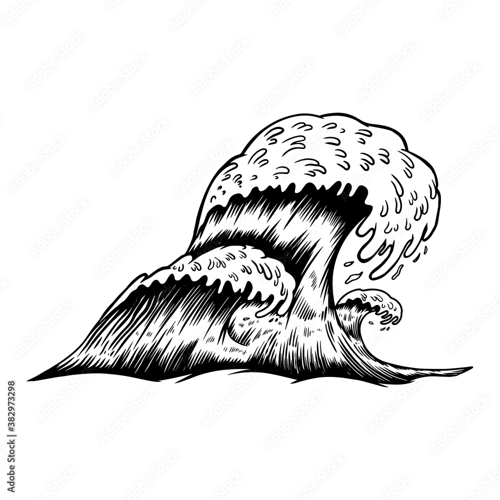 Illustration of sea waves in engraving style. Design element for poster ...