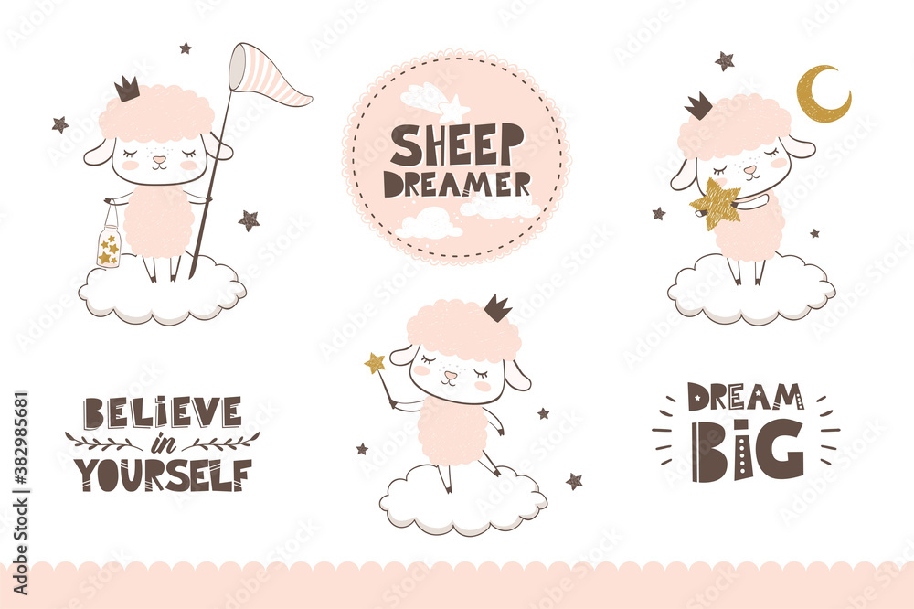Cute Little baby sheep princess character collection. Hand drawn ...