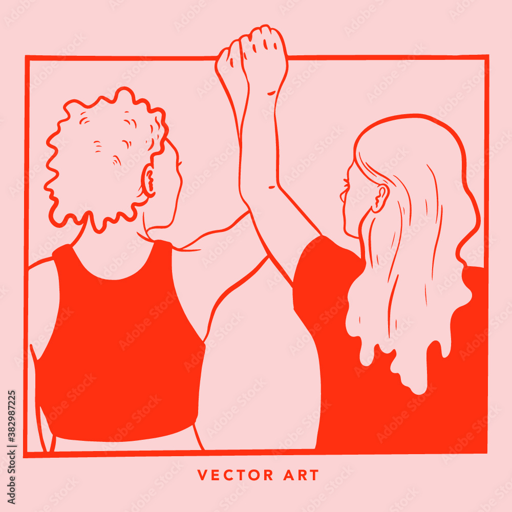 Vektor Illsutation zweier Frauen, die die Hände hoch halten und die ...