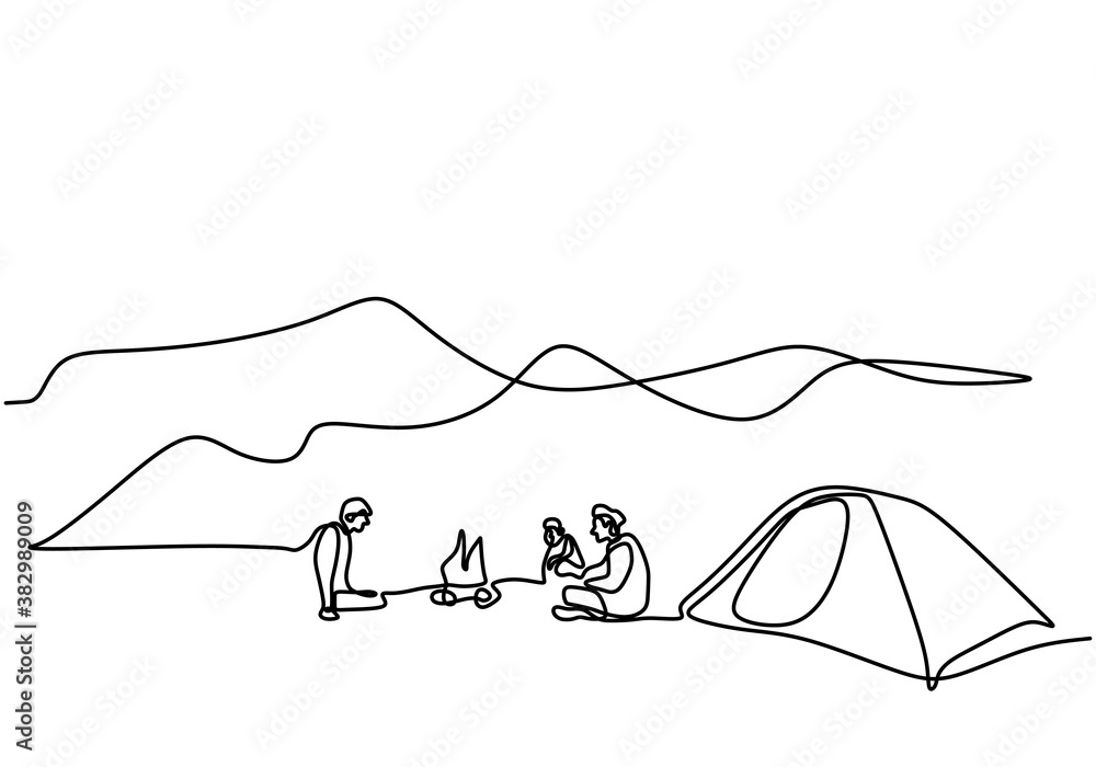 One line drawing people camping. Young man enjoy outdoor activity with ...