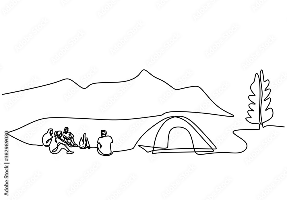 One line drawing of happy young man and women enjoy with their holiday ...