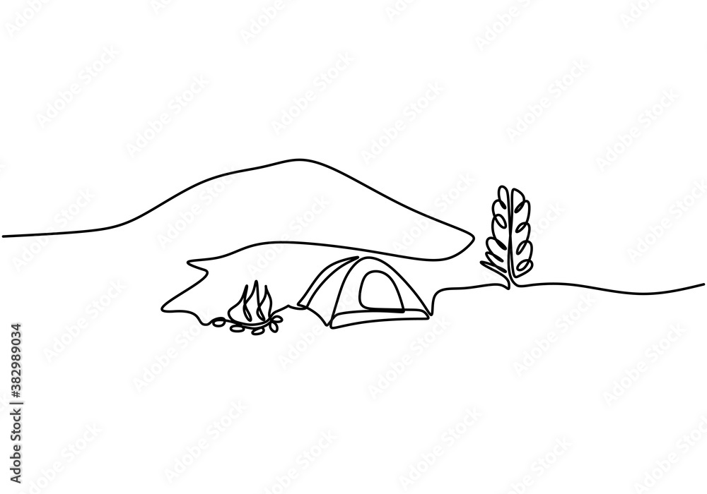Continuous single line drawing of a lonely tent in mountains with ...