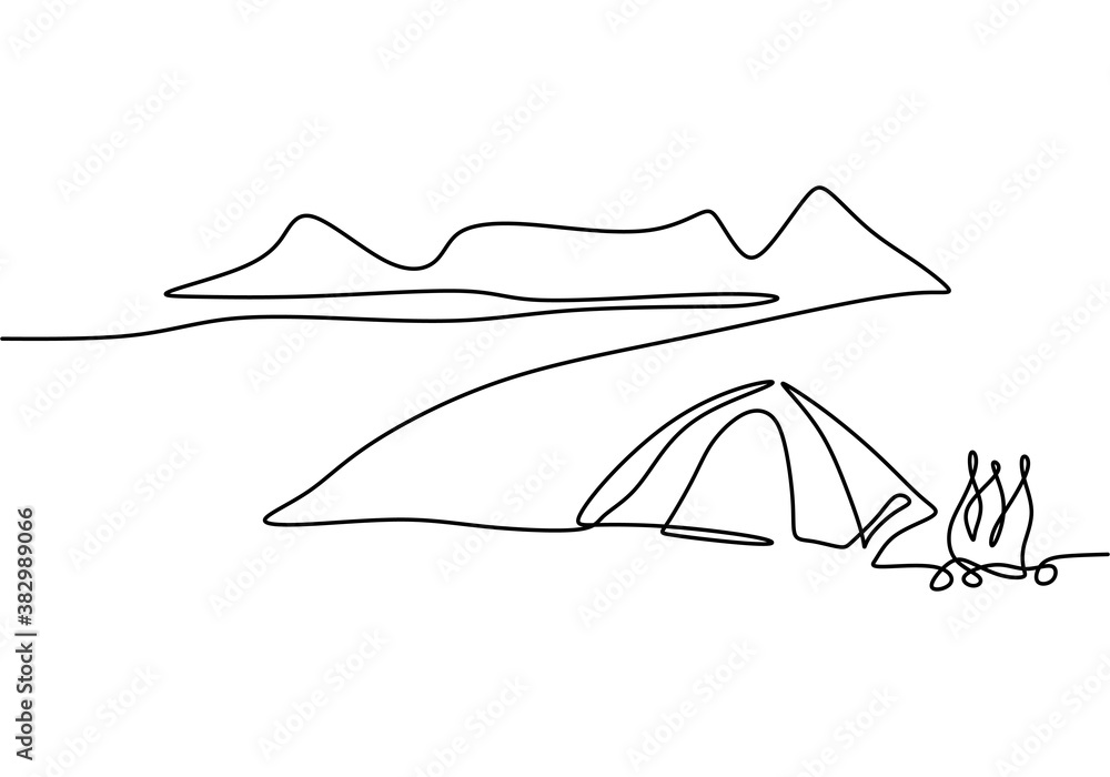 Continuous single line drawing of a lonely tent in mountains with ...
