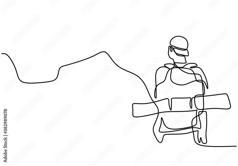 Continuous line drawing of climber on mountain. A backpacker man takes ...