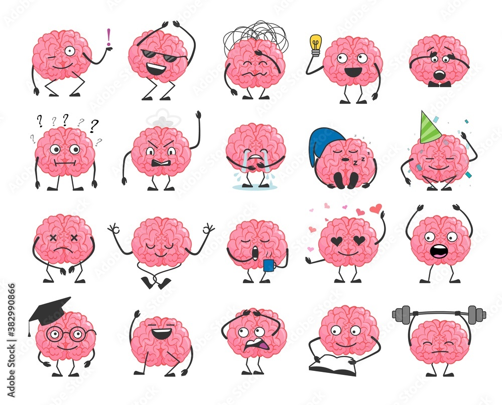 Brain cartoon character set with happy face smile. Cute hero brain ...