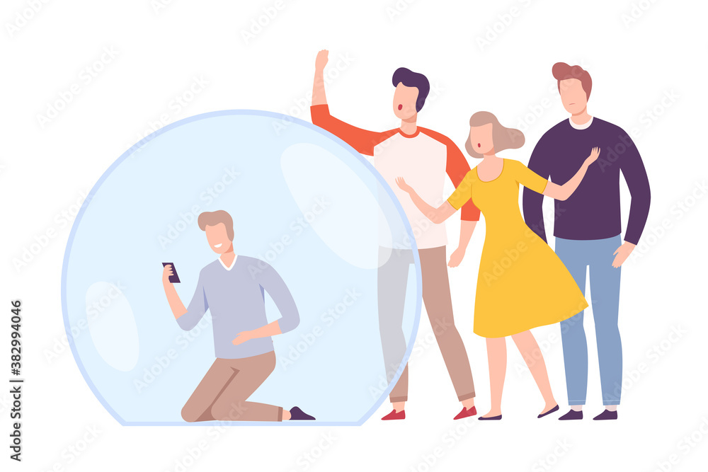 Man Sitting Inside Transparent Bubble with Smartphone, People Trying to ...