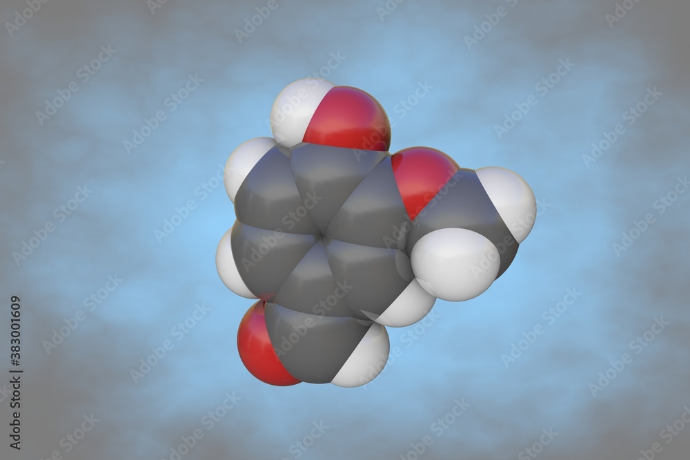 Molecular model of vanillin. Atoms are represented as spheres with ...
