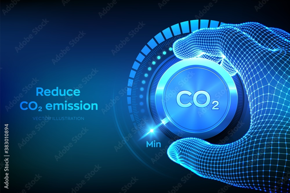 Carbon dioxide emissions control concept. Reduce CO2 level. Wireframe hand turning a carbon ...