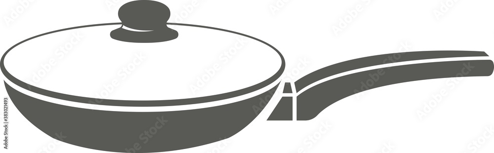 Frying pan with glass lid on a white background. Vector black and white ...
