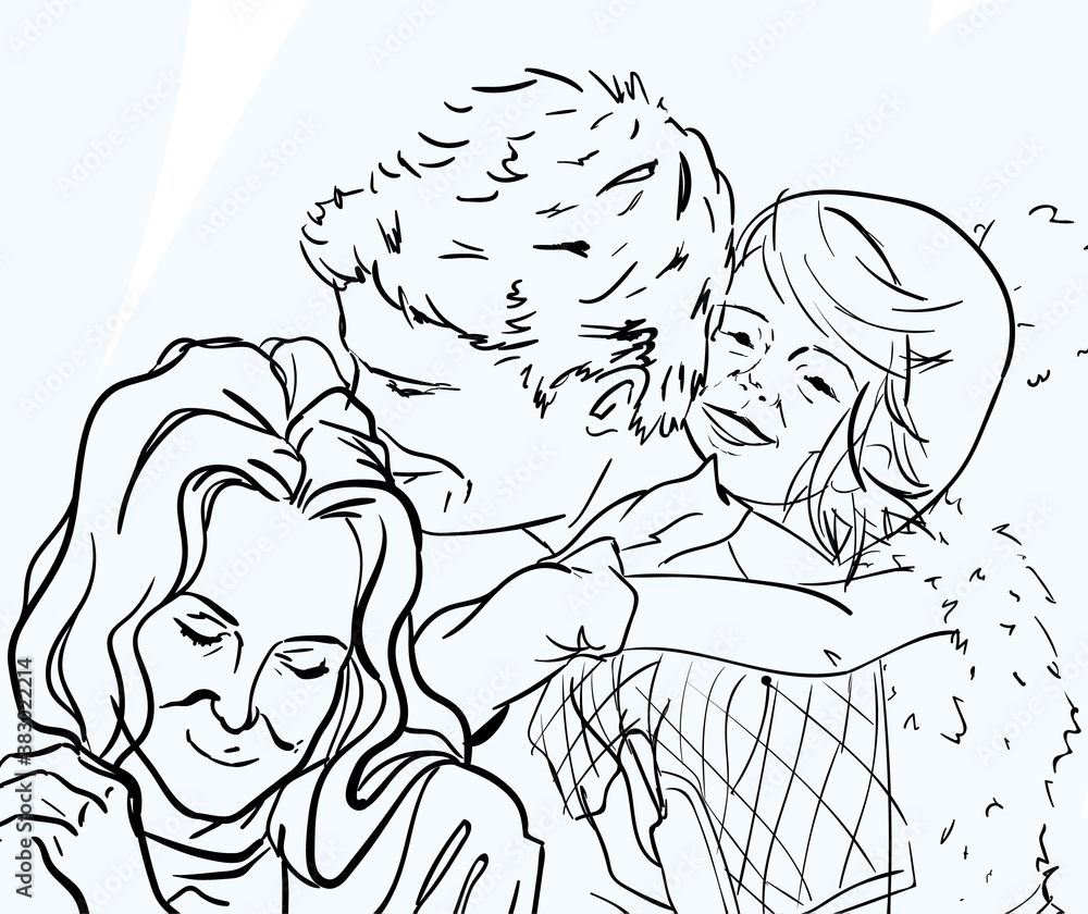 Sketch of loving family, hugging mother, father and daughter hand drawn ...