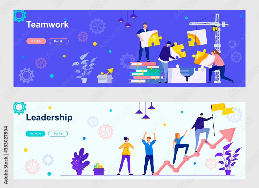 Teamwork and leadership landing page with people characters ...