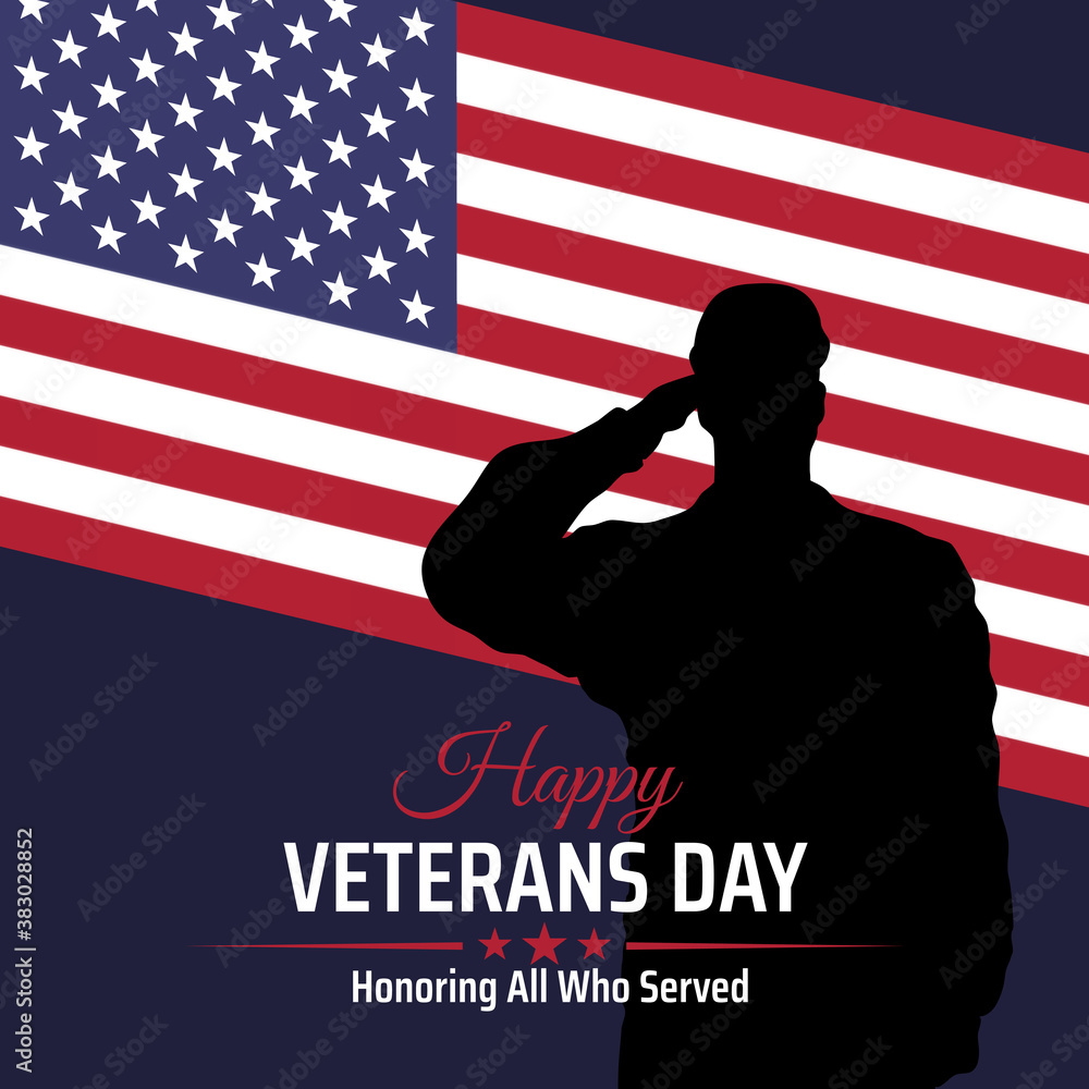 Happy veterans day banner, silhouette of a saluting us army soldier ...