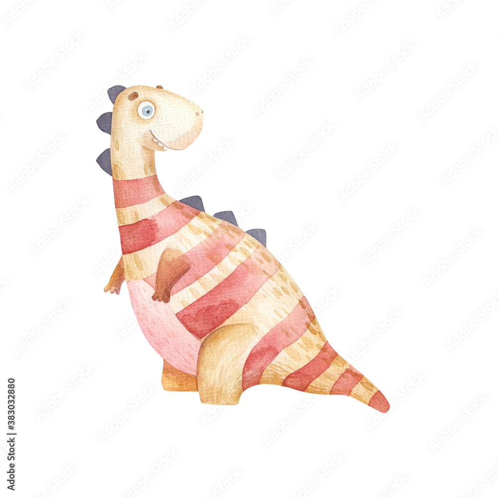 Cute cartoon striped red dinosaur stands on its hind legs and looks to ...