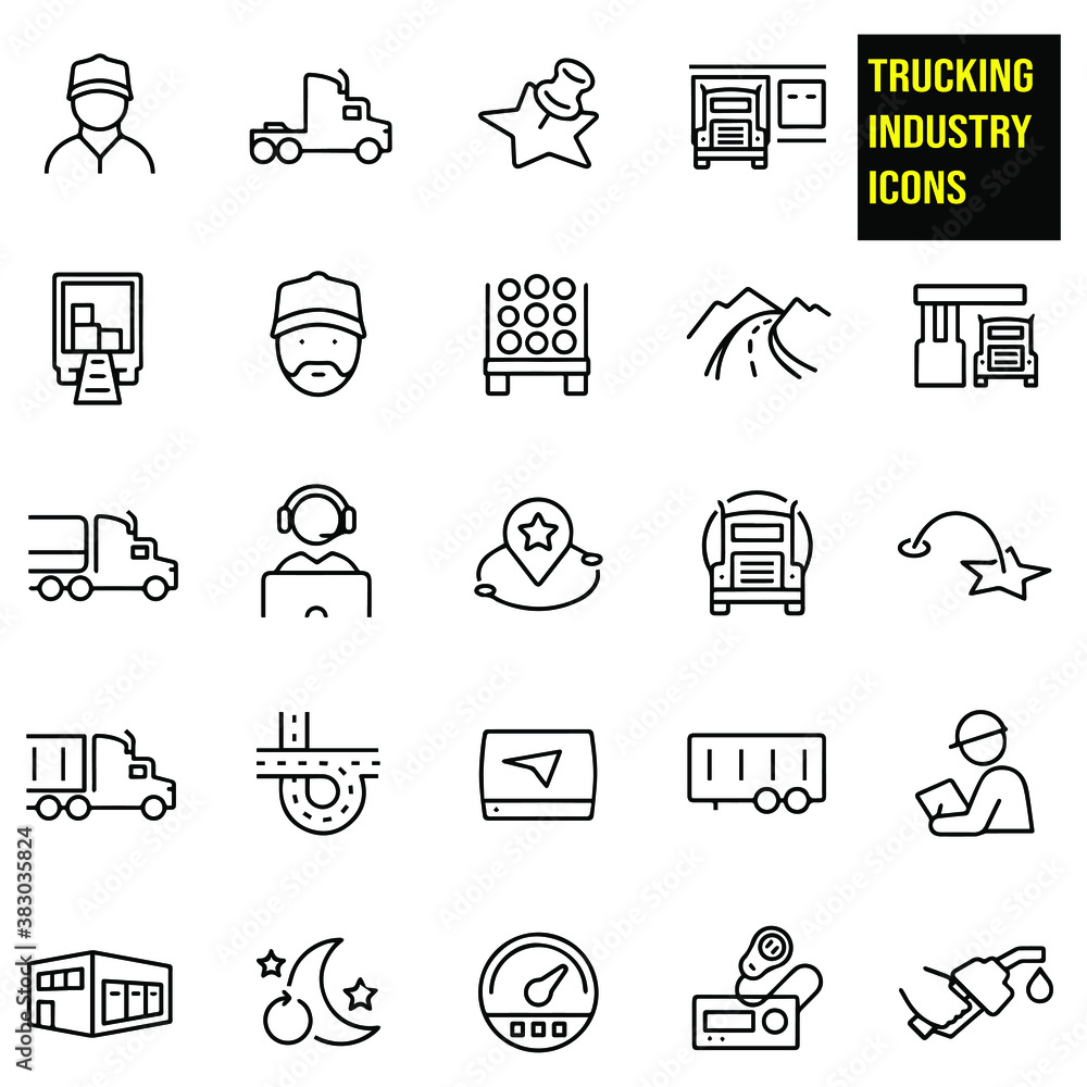 Trucking Thin Line Icons - stock illustration. a truck driver, semi ...