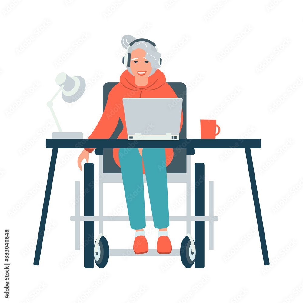 Disabled Person in Wheelchair Working on Computer Desk in Home Office ...