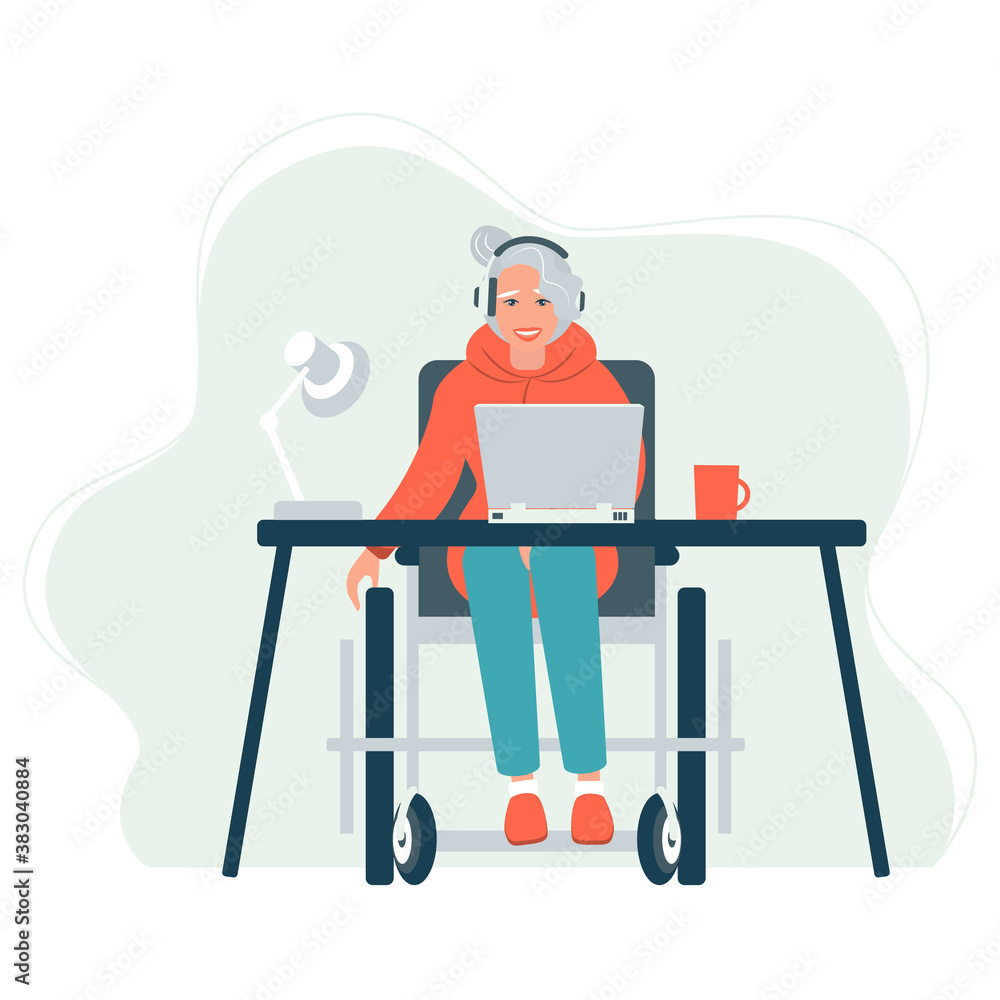 Disabled Person in Wheelchair Working on Computer Desk in Home Office ...