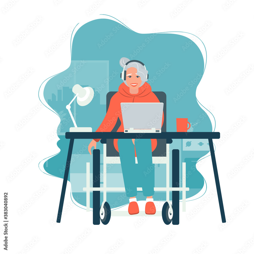 Disabled Person in Wheelchair Working on Computer Desk in Home Office ...