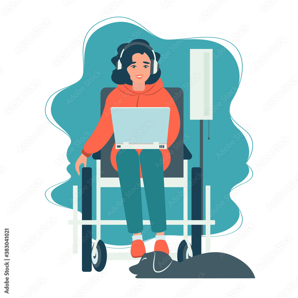Vetor de Disabled Person in Wheelchair Working on Computer Desk in Home ...