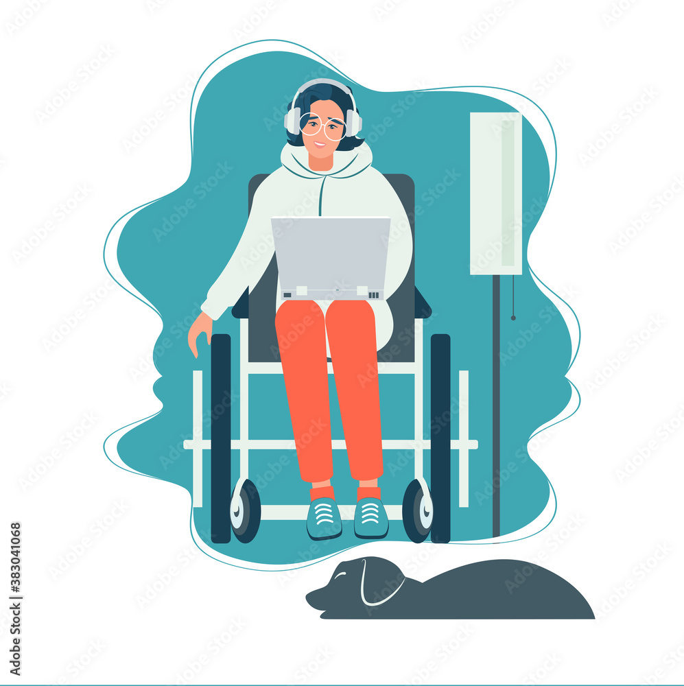 Disabled Person in Wheelchair Working on Computer Desk in Home Office ...