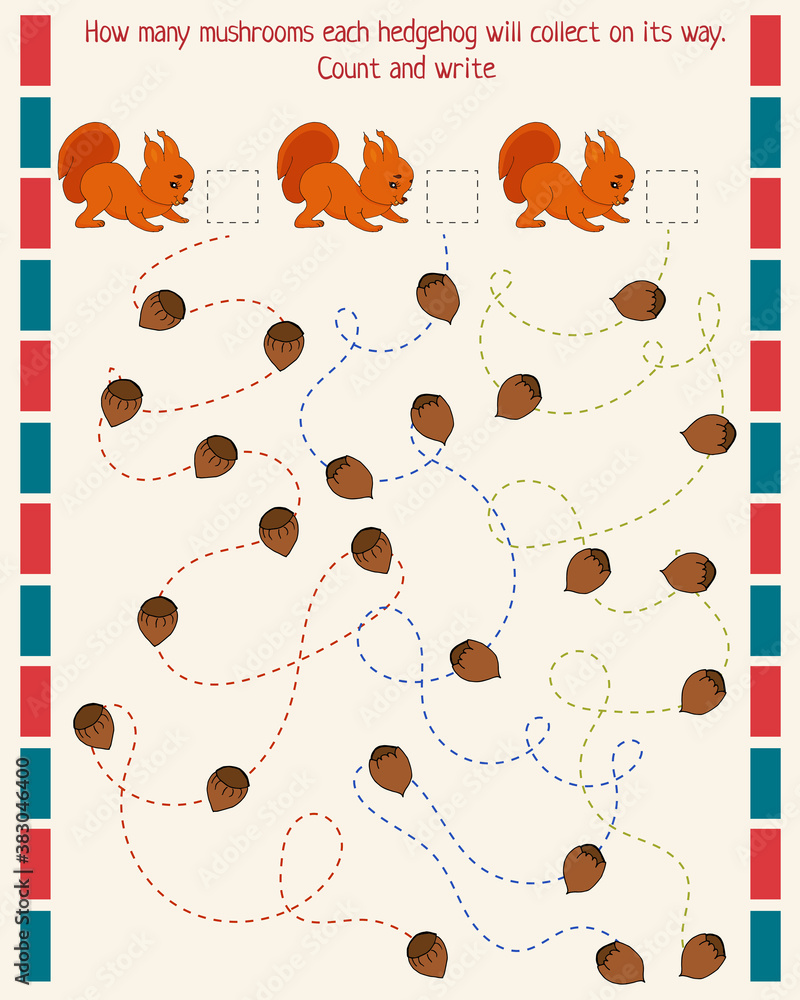 math game for children. Count and write down how many nuts each protein ...