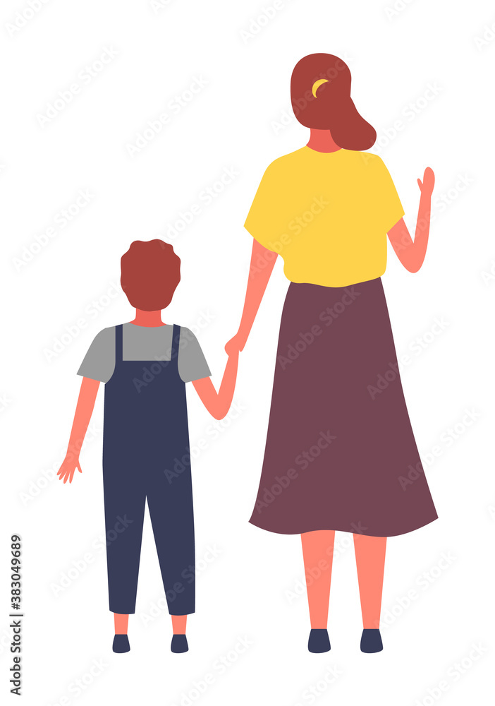Mom and son stand with their backs. Mother raises her hand up, greeting ...