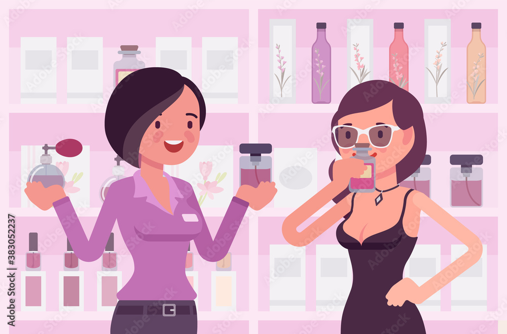 Perfume shop female attractive employee, assistant helping. Woman ...