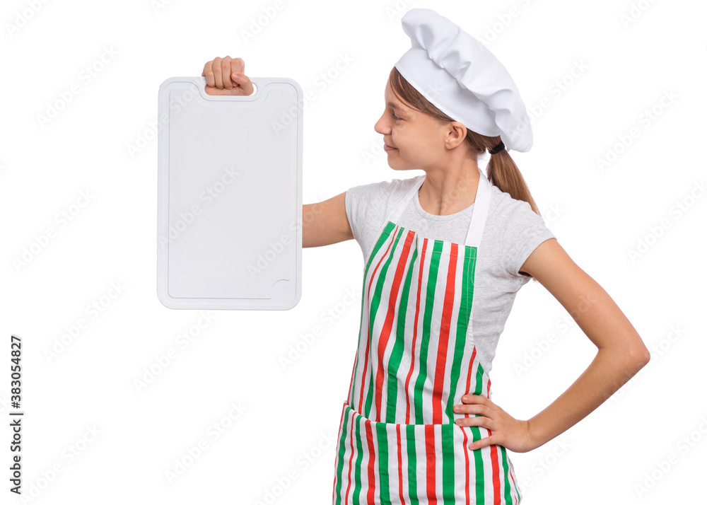 Cute girl in chef uniform isolated on white background showing menu ...
