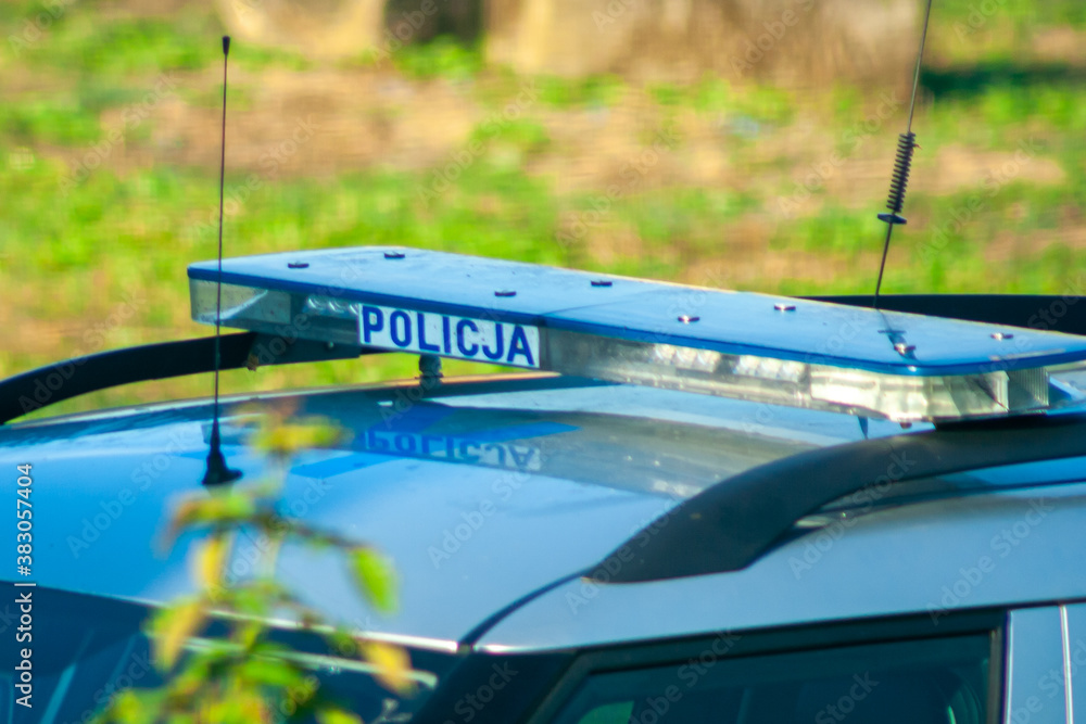 Crime, accident or strike concept. Polish police markings on the car ...