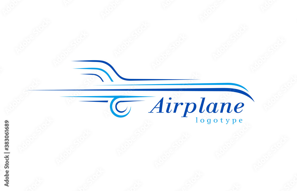 Airplane logo lines style plane silhouette white color blue background ...