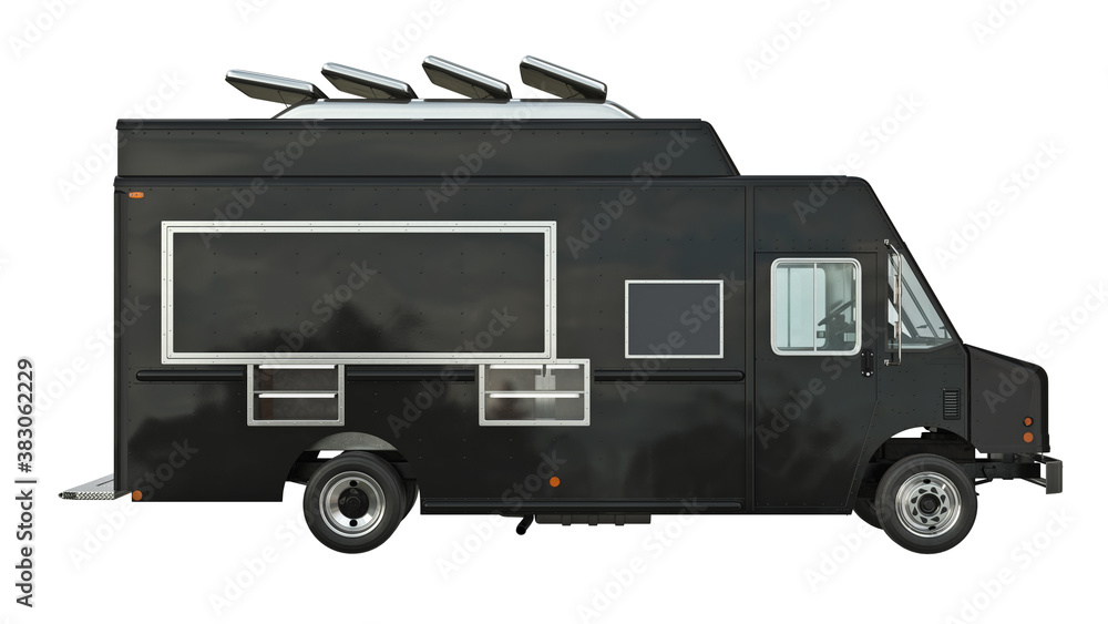 Food car eatery on wheels, side view. 3D isolated white background ...