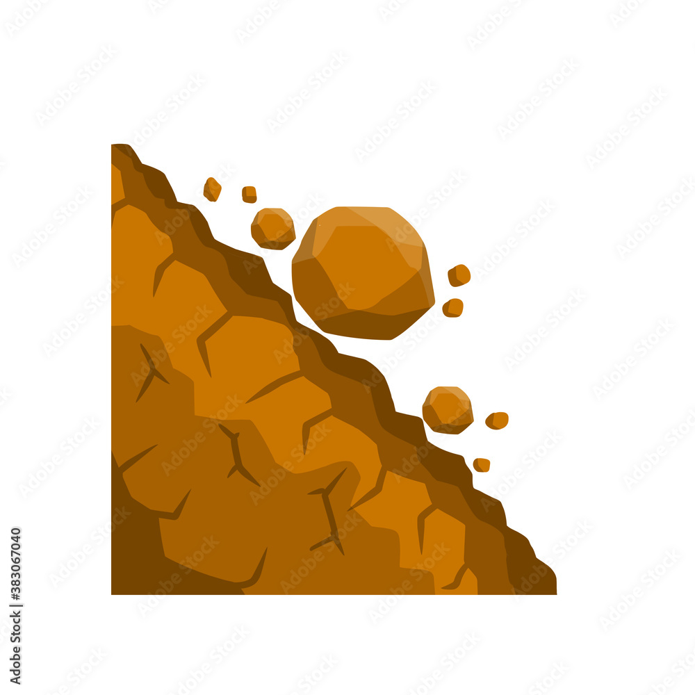 Rock rolls off a cliff. Falling boulders. Rockfall and landslide ...