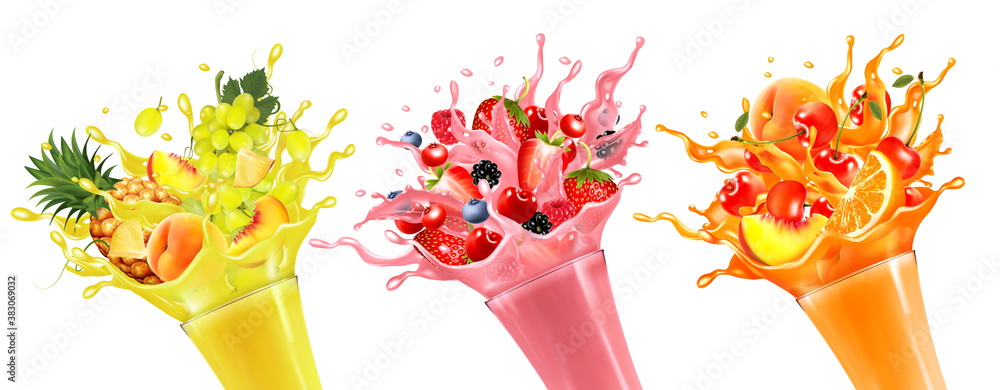 Set of fruit juice splash. Whole and sliced pineapple, mango, peach ...