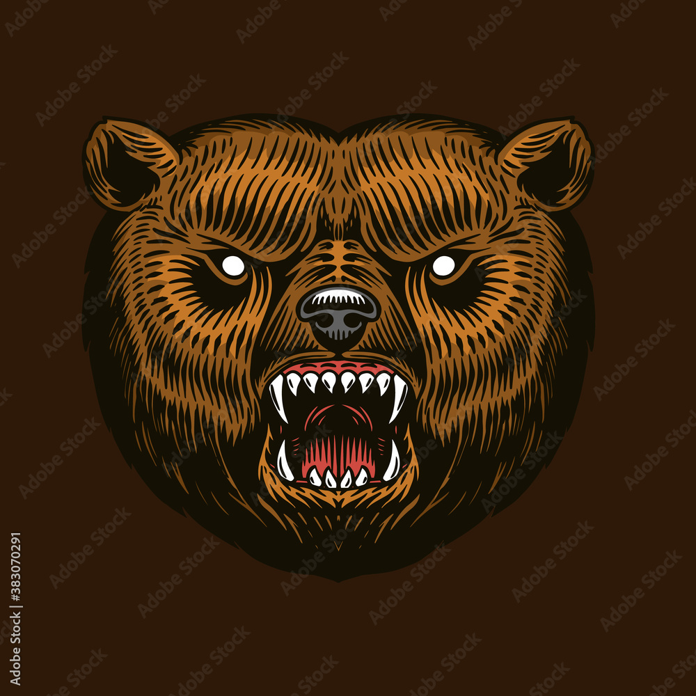 Grizzly brown bear. Screaming mad animal for tattoo or label. Roaring ...