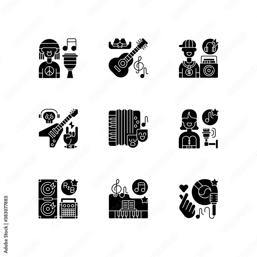 Musical songs types black glyph icons set on white space. Different ...