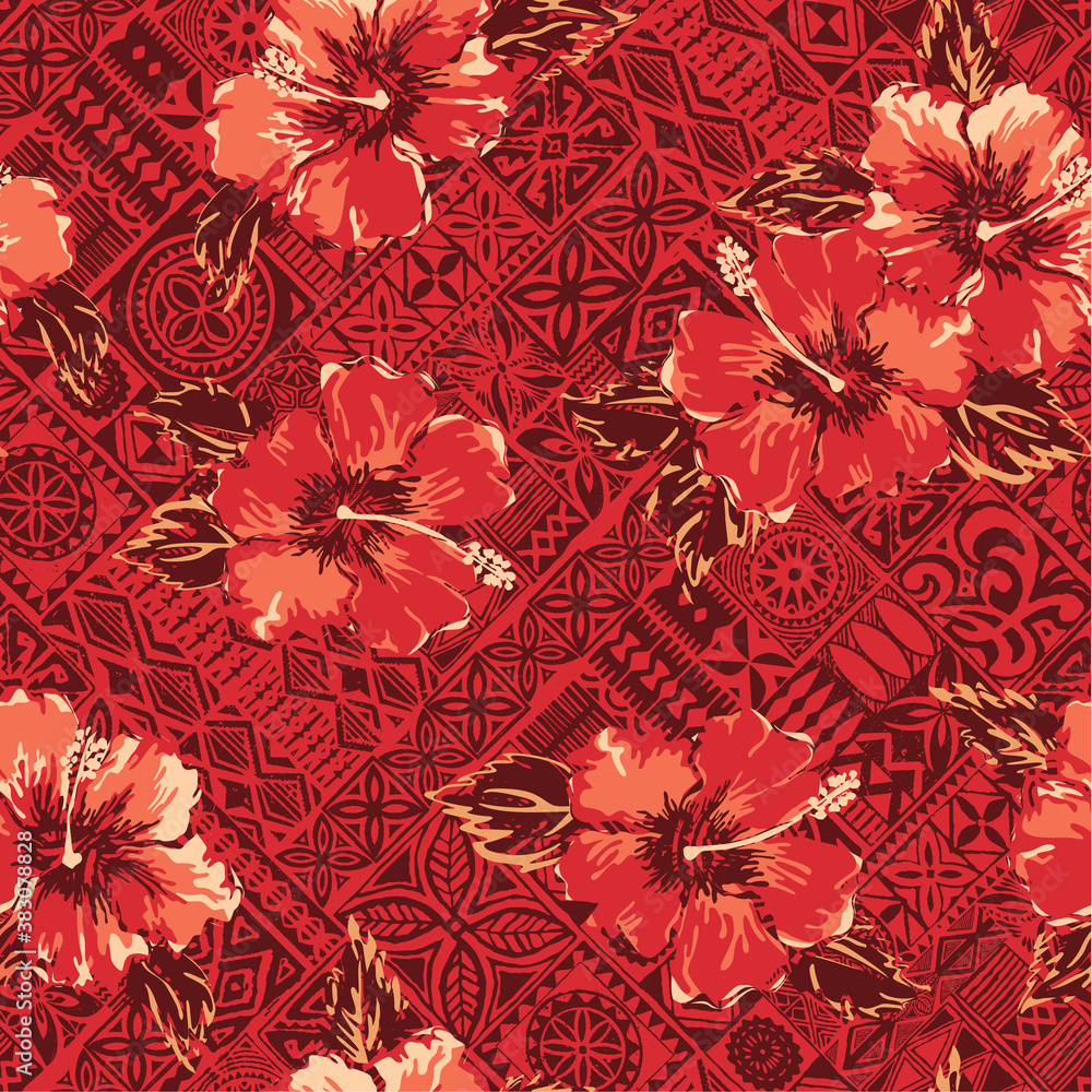 Grunge hibiscus flowers with Hawaiian tapa tribal motifs background ...