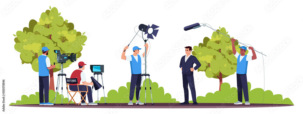 Movie set semi flat RGB color vector illustration. Filming process ...