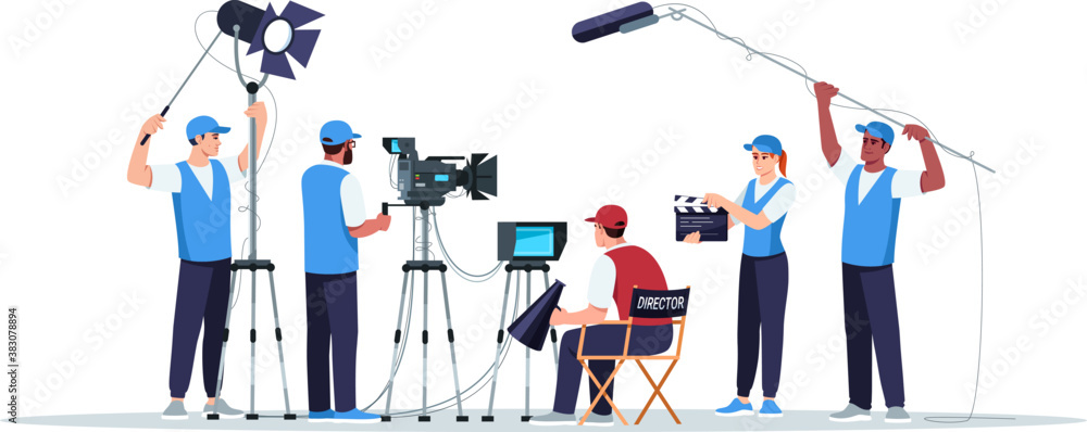 Filming crew semi flat RGB color vector illustration. Director watching ...