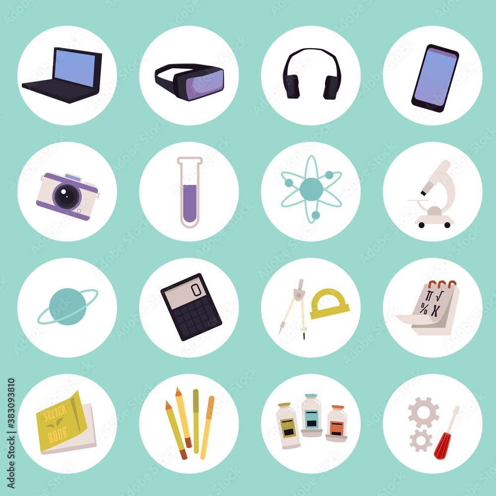 Set of STEAM education icons a vector flat cartoon illustration Stock ...