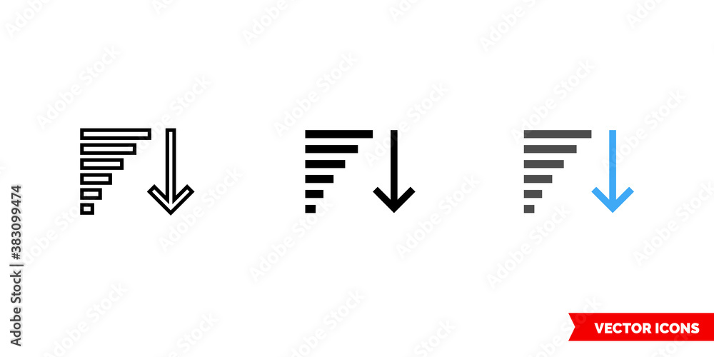 Descending sorting icon of 3 types color, black and white, outline ...