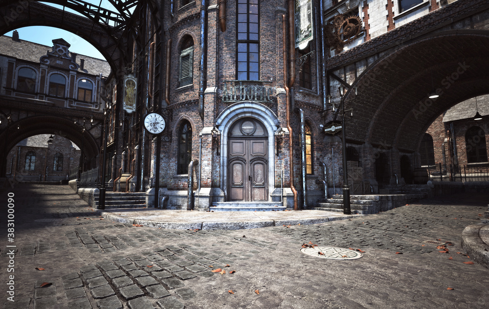 Steampunk style city streets with building background. 3d rendering ...