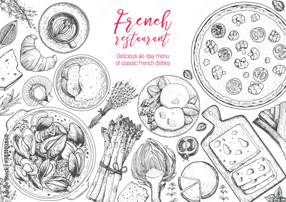 French cuisine top view frame. A set of classic French dishes with ...