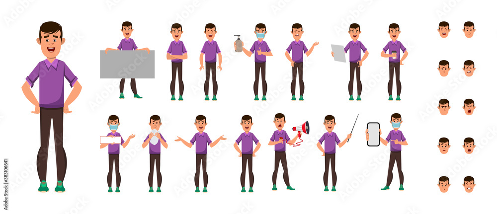 casual boy cartoon character set. Character set in different poses or ...