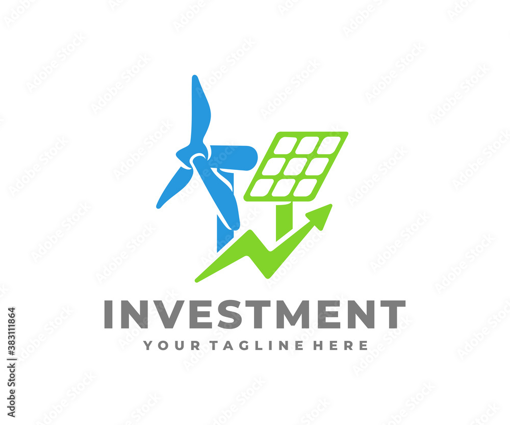 Investment in renewable energy, wind turbine and solar panels, logo ...