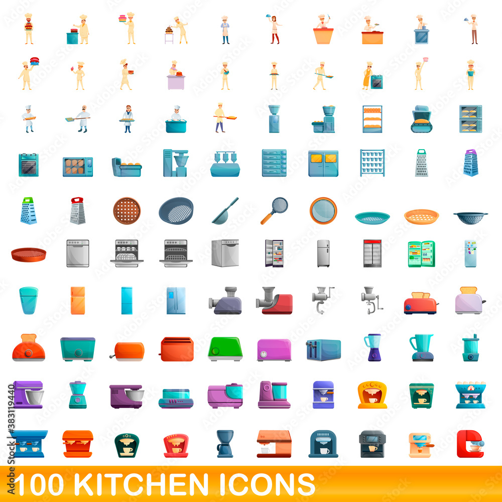 100 kitchen icons set. Cartoon illustration of 100 kitchen icons vector ...
