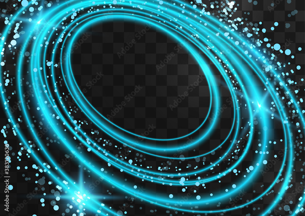 Frame of bright neon blue oval rings with glitter, sparkles and flashes ...