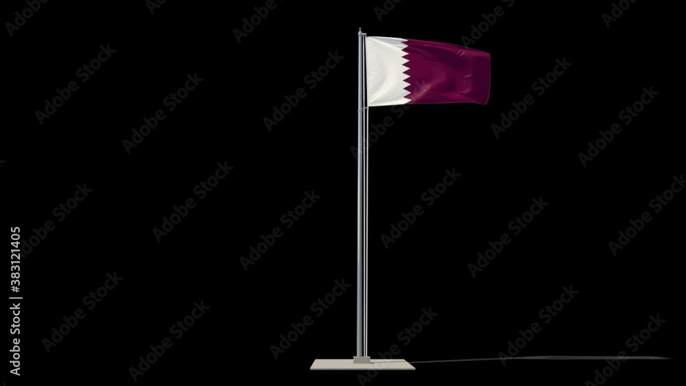 Qatar flag on a flagpole in full growth on black background waving in ...
