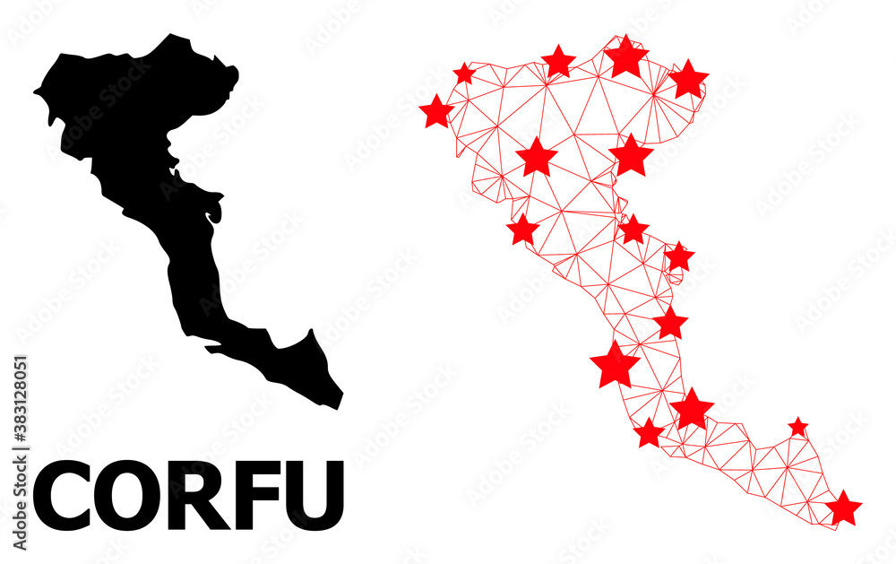 Carcass polygonal and solid map of Corfu Island. Vector model is ...